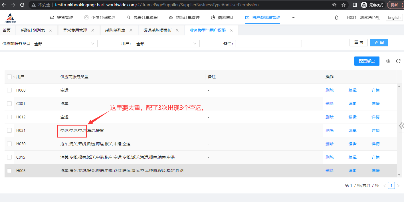 Bug 1900 【业务类型与用户权限】供应商服务类型要去重,配了3次出现3个空运。 物流管理系统 禅道